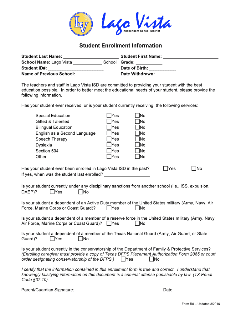 Fillable Online Form R0 Student Enrollment Information.docx Fax Email ...