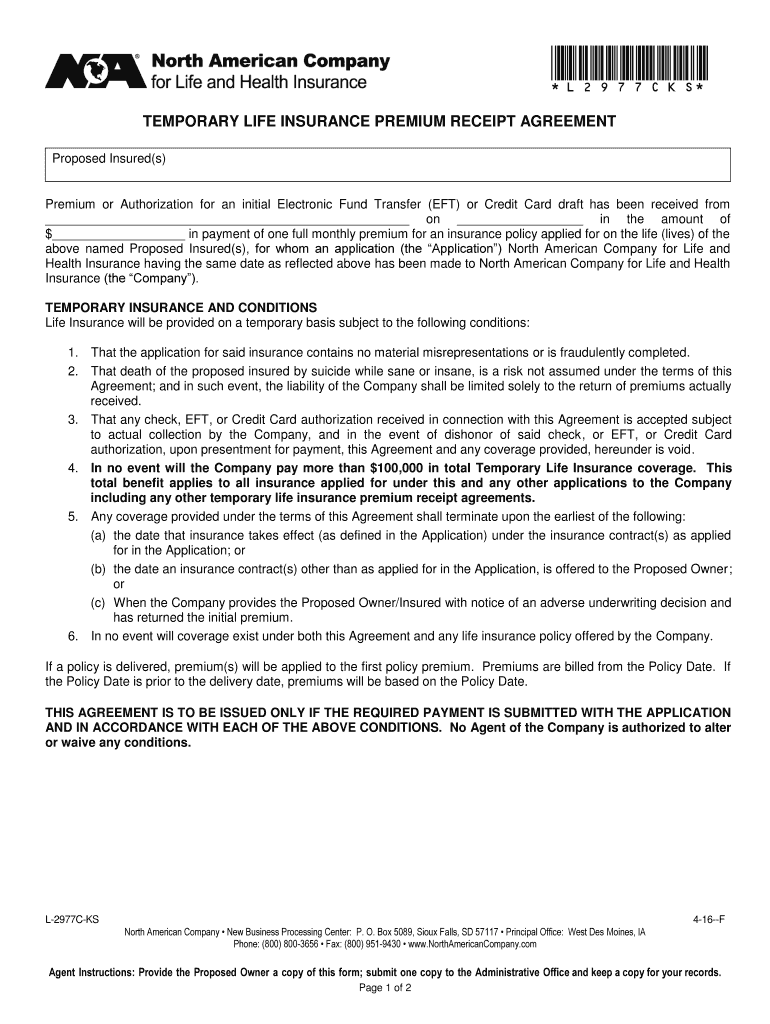 Fillable Online TEMPORARY LIFE INSURANCE PREMIUM RECEIPT AGREEMENT Fax ...