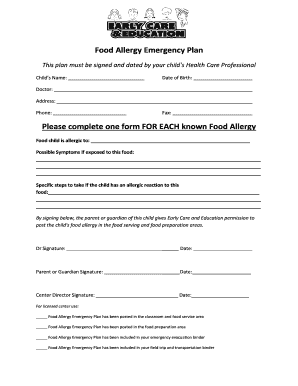 Fillable Online Food Allergy Emergency Plan Fax Email Print - pdfFiller