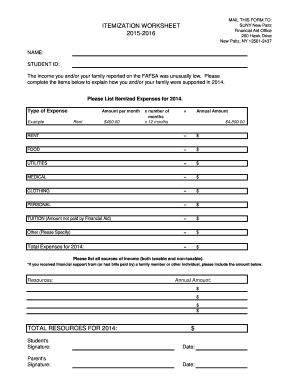 Fillable Online newpaltz MAIL THIS FORM TO: ITEMIZATION WORKSHEET 2015 ...