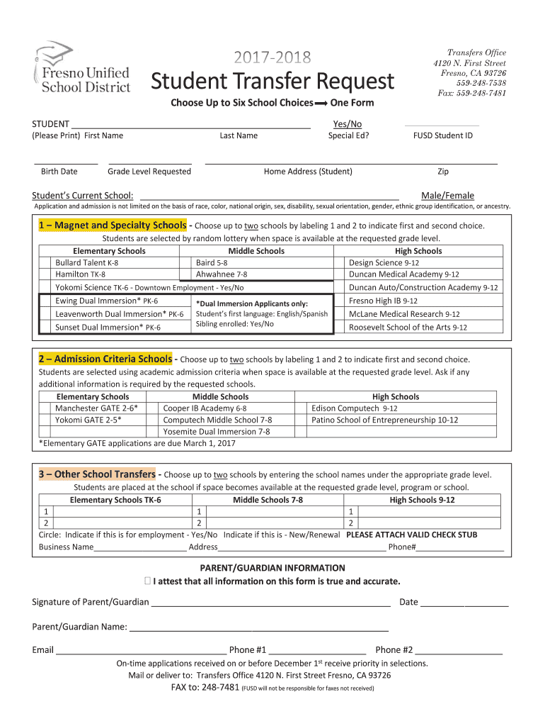 Fillable Online fresnounified Transfers Office Student Transfer Request - fresnounified Fax ...