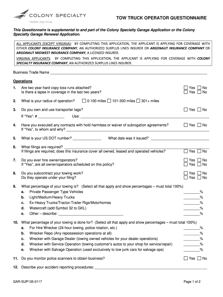 Fillable Online TOW TRUCK OPERATOR QUESTIONNAIRE - specialty-risk.com ...
