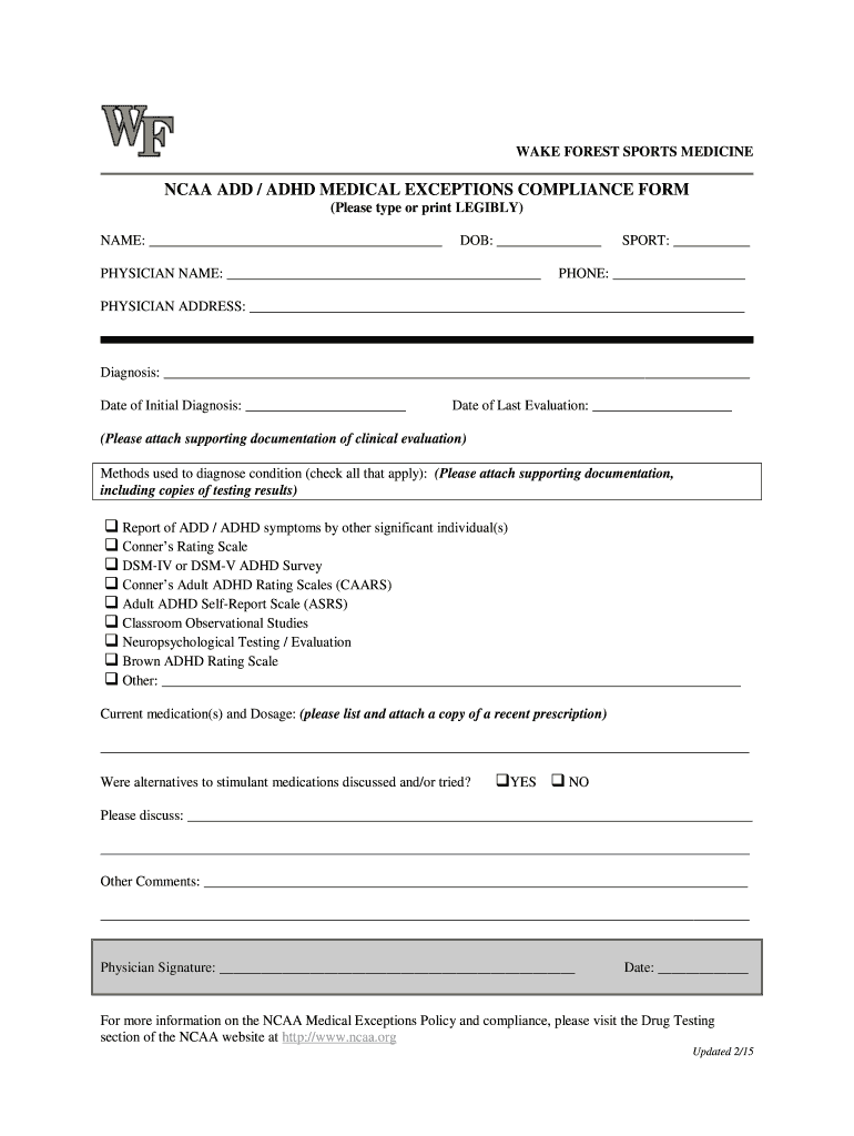 Fillable Online NCAA ADD / ADHD MEDICAL EXCEPTIONS COMPLIANCE FORM ...