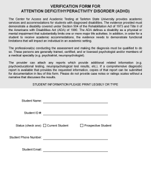Fillable Online tarleton VERIFICATION FORM FOR ATTENTION DEFICIT ...
