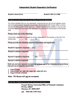 Fillable Online Independent Student Separation Certification Fax Email ...