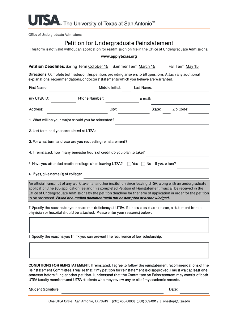 Utsa Petition For Reinstatement - Fill Online, Printable, Fillable ...