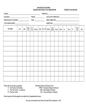 Fillable Online ELEMENTARY SCHOOL TEACHER ROSTER Fax Email Print ...