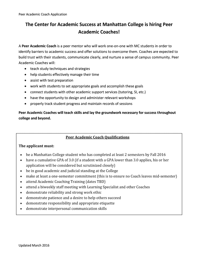 Fillable Online inside manhattan Peer Academic Coach Application Fax ...