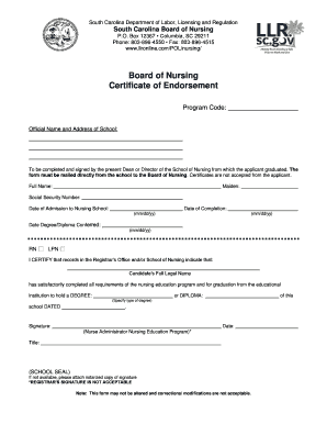 Fillable Online Board of Nursing Certificate of Endorsement - llr.state ...