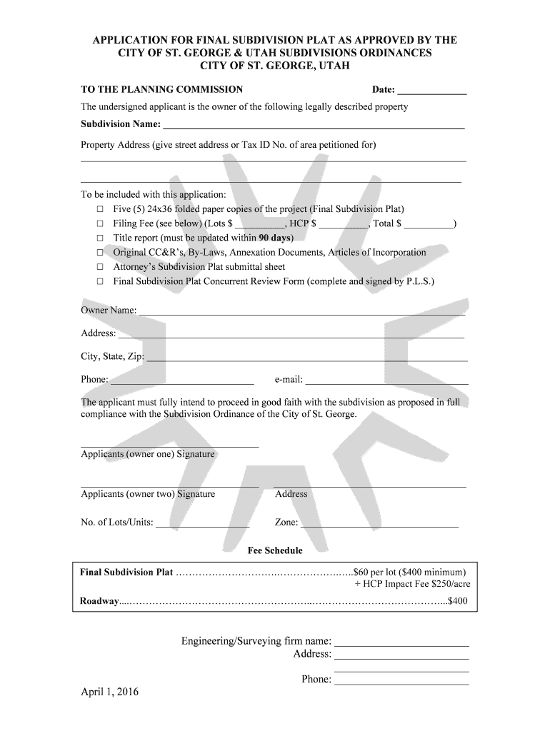 Fillable Online sgcity Final Subdivision Plat Application Cover Fax Email Print - pdfFiller
