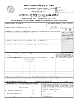 Fillable Online njconsumeraffairs Certificate of Authorization Application - New Jersey Division ...