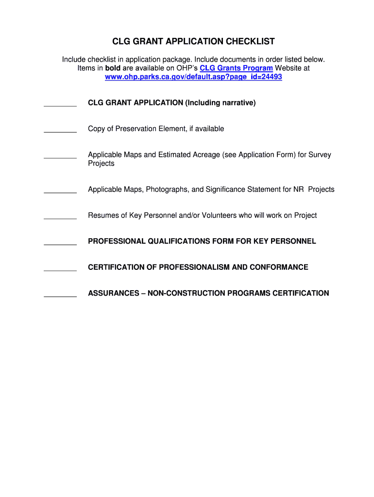 Fillable Online ohp parks ca CLG GRANT APPLICATION CHECKLIST - ohp ...