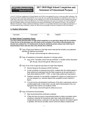 Fillable Online utsouthwestern 2017-2017 High School Verification and ...