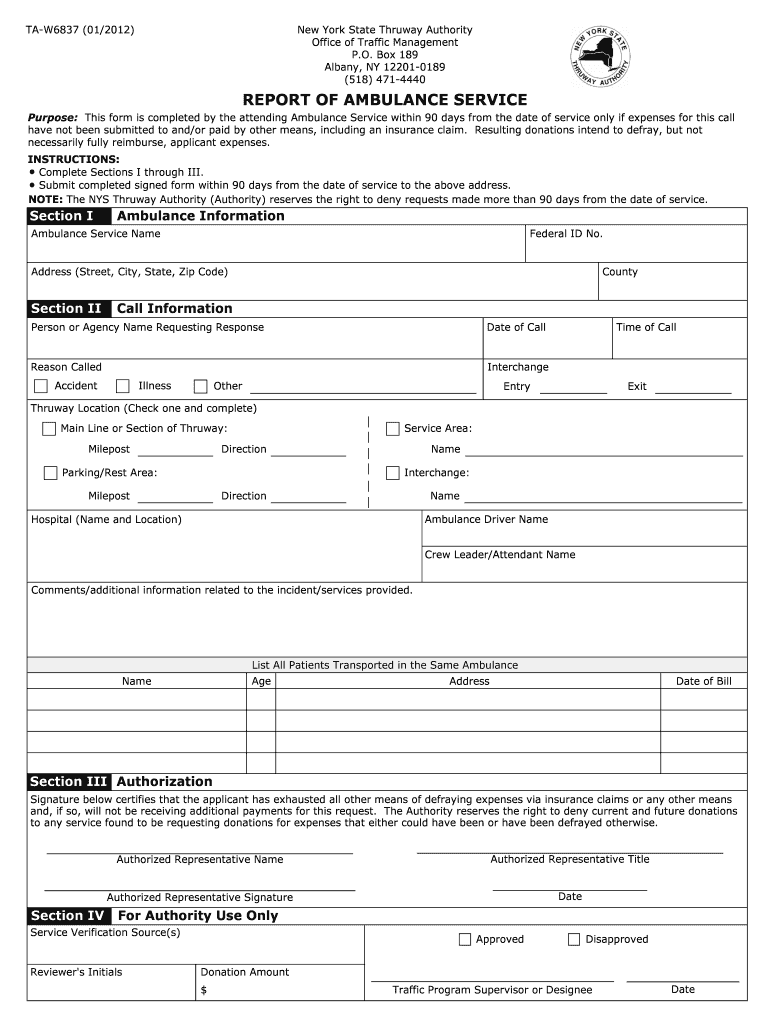 Fillable Online ta-w6837 Report of Ambulance Service - New York State ...