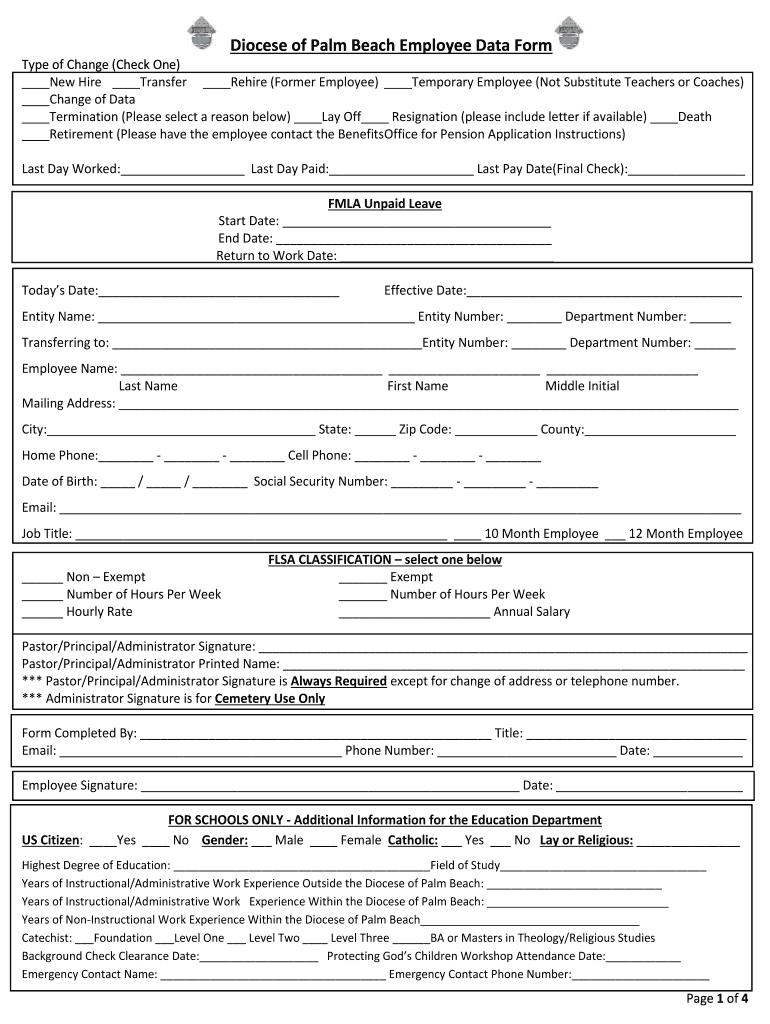 Fillable Online Diocese of Palm Beach Employee Data Form Fax Email ...