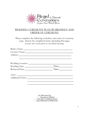 Fillable Online WEDDING CEREMONY PLAN WORKSHEET AND ORDER Fax Email ...