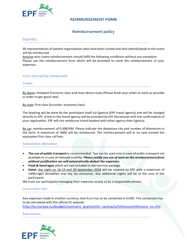 Fillable Online REIMBURSEMENT FORM Reimbursement policy - eu-patient.eu Fax Email Print - pdfFiller