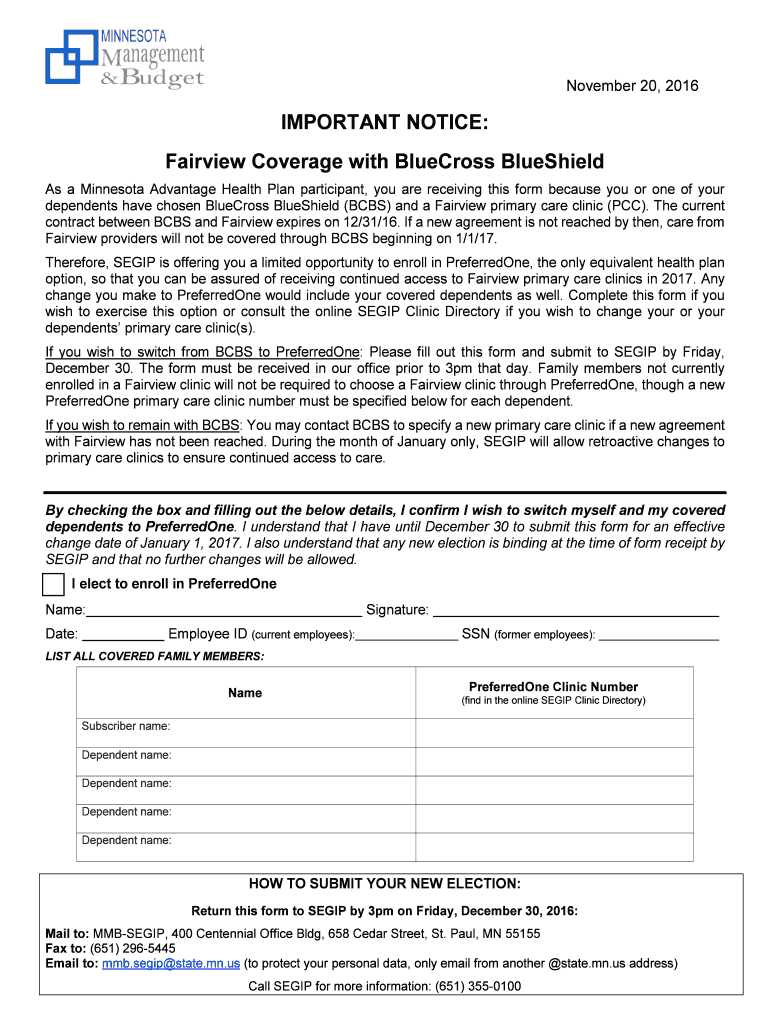 Fillable Online mn IMPORTANT NOTICE: Fairview Coverage with BlueCross BlueShield Fax Email Print ...