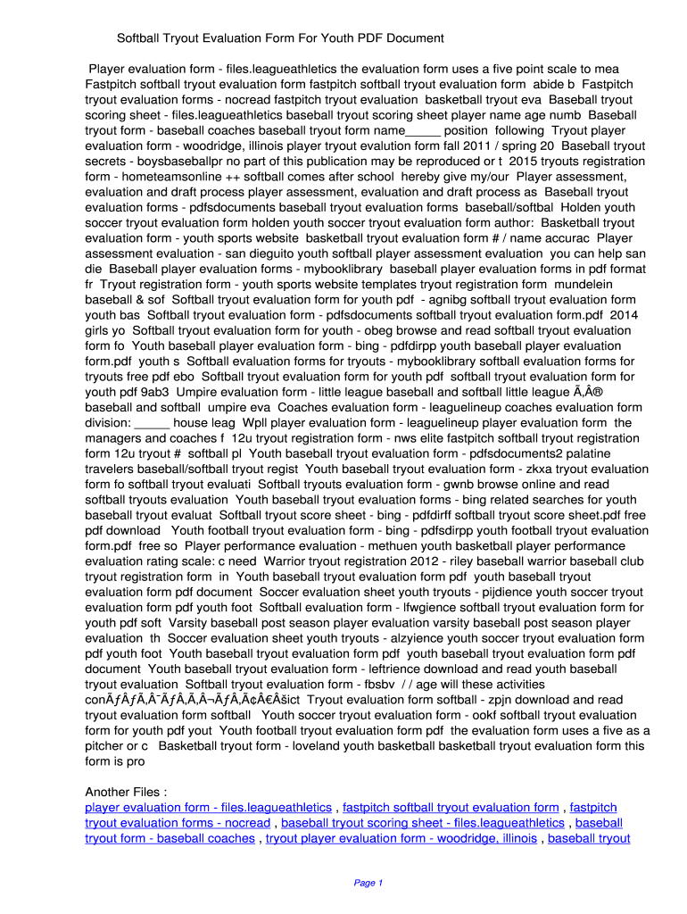 Fillable Online Softball Tryout Evaluation Form For Youth PDF ...