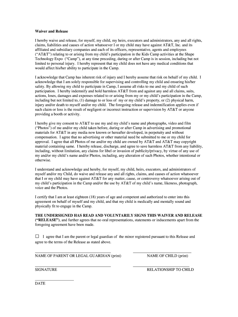 Fillable Online I hereby waive and release, for myself, my child, my ...