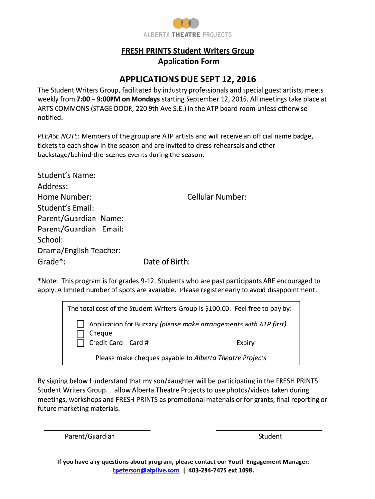Fillable Online ATP FRESH PRINTS 2016-17 - INFO SHEET & APPLICATION 1 ...