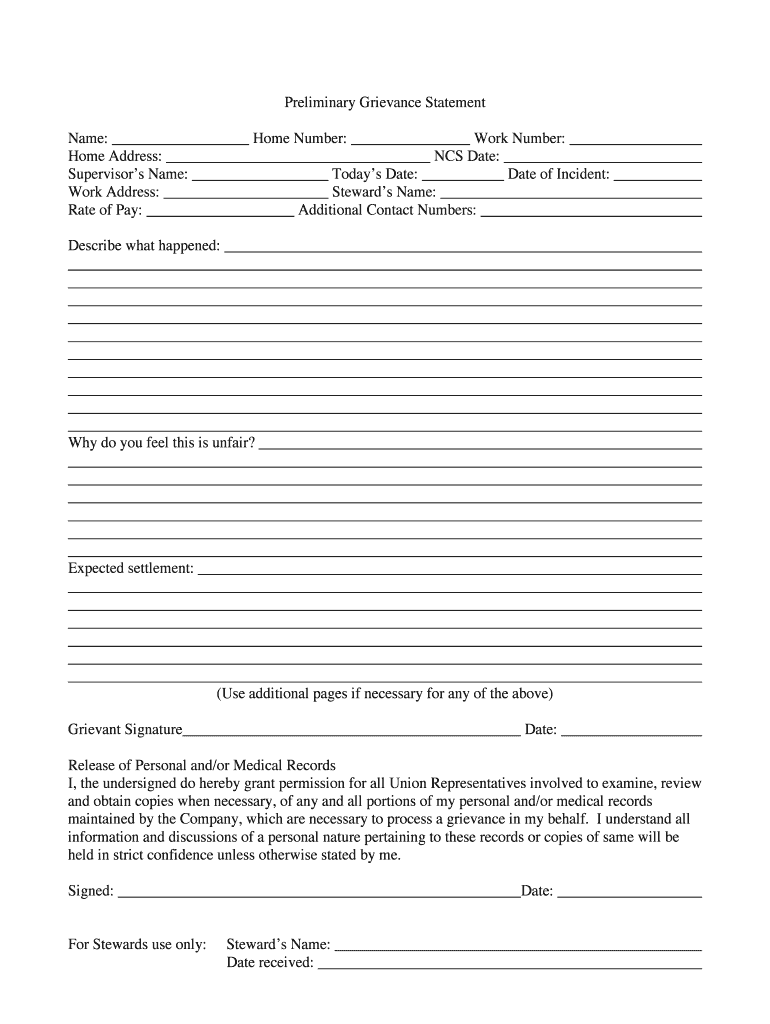 Fillable Online Preliminary Grievance Statement Fax Email Print - pdfFiller