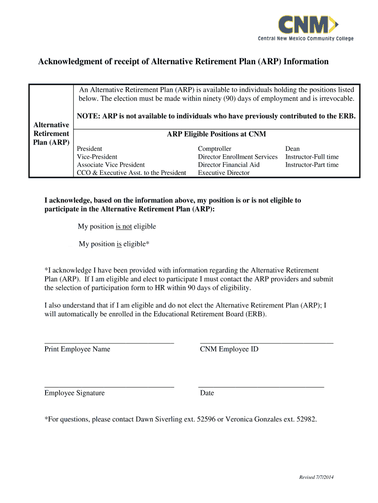Fillable Online cnm Acknowledgment of receipt of Alternative Retirement ...