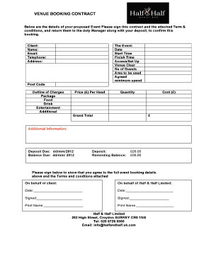 Fillable Online VENUE BOOKING CONTRACT - halfandhalf.uk.com Fax Email ...