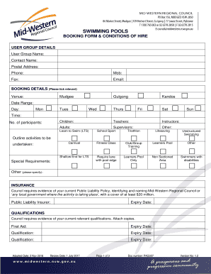 Fillable Online SWIMMING POOLS BOOKING FORM & CONDITIONS OF HIRE Fax ...