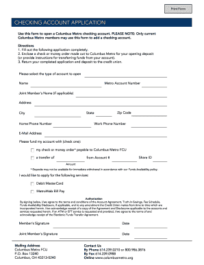 Fillable Online columbusmetro CHECKING ACCOUNT APPLICATION ...