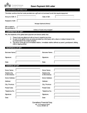 Fillable Online Down Payment Gift Letter - Canadiana Financial Corp Fax ...