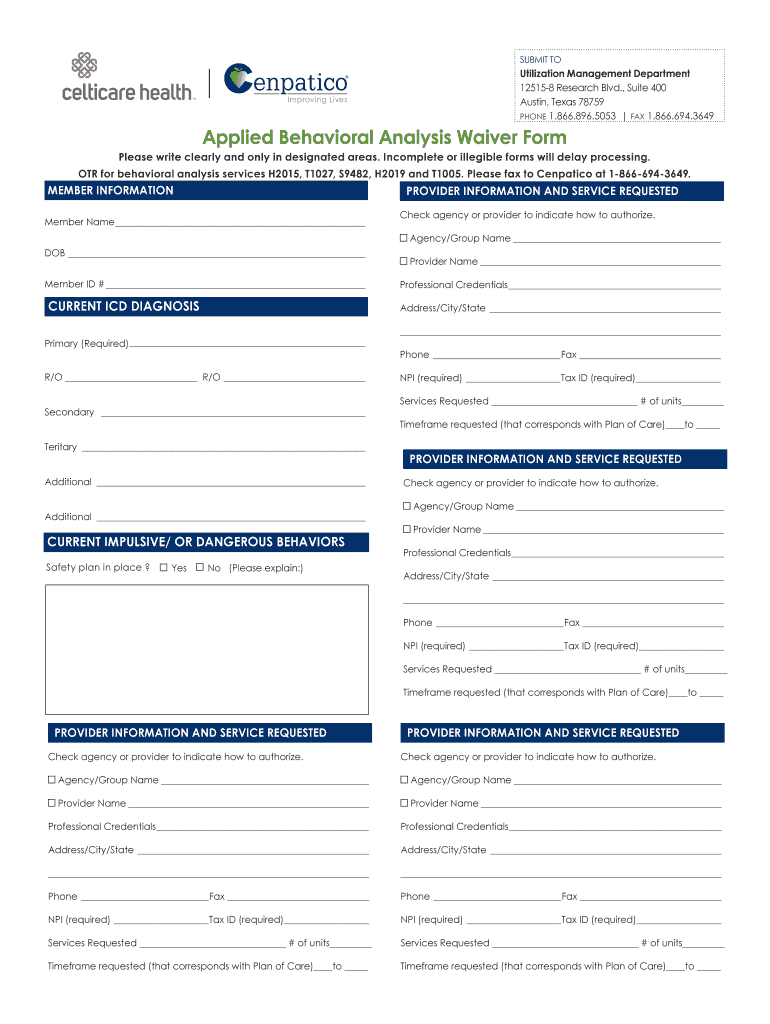 Fillable Online Applied Behavioral Analysis Waiver Form Fax Email Print ...