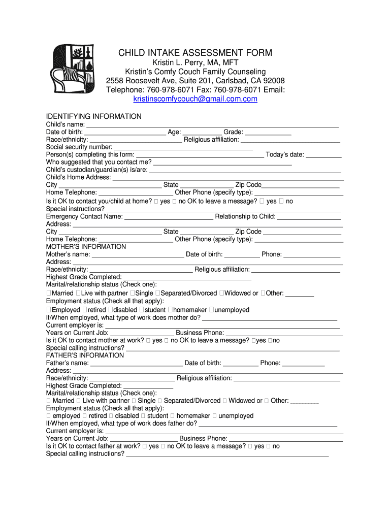 Fillable Online KCC CHILD INTAKE ASSESSMENT FORM - Carlsbad Counseling ...