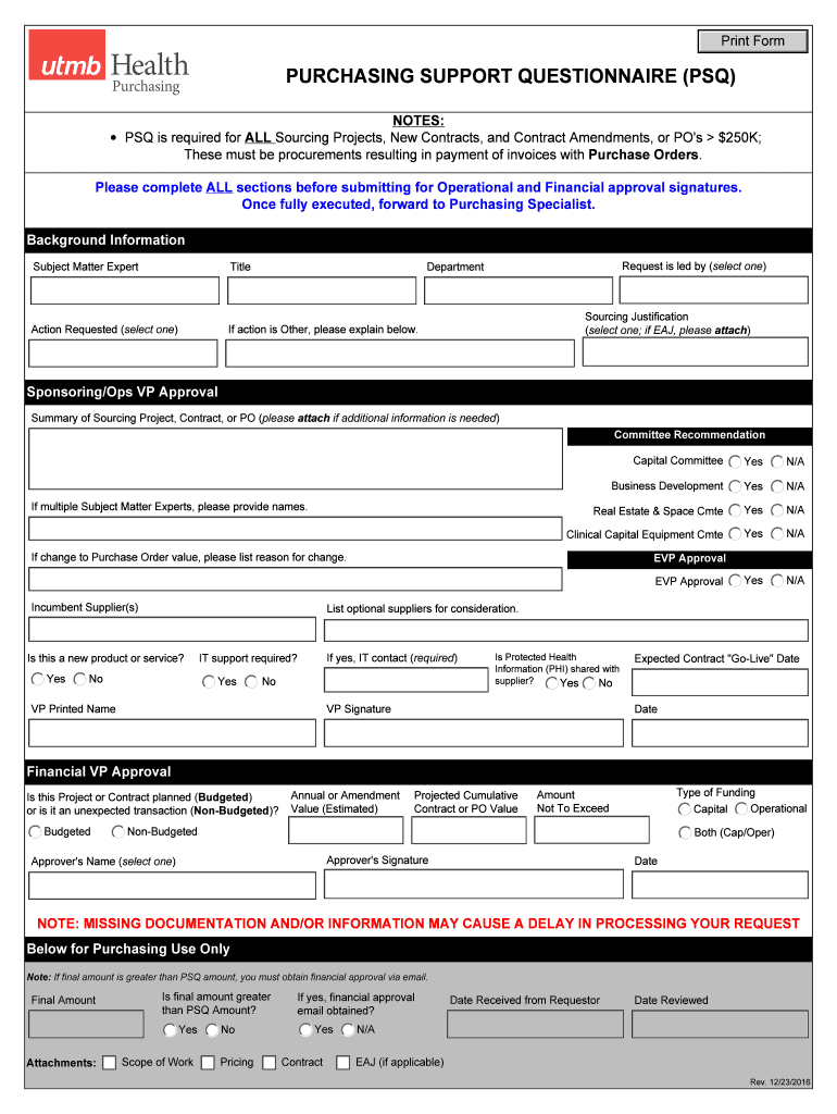 Fillable Online utmb Purchasing Support Questionnaire (PSQ) Fax Email ...