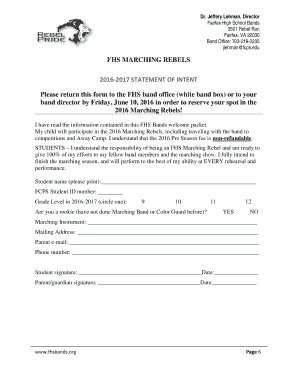 Fillable Online fhsbands Marching Band Statement of Intent, 2016 ...