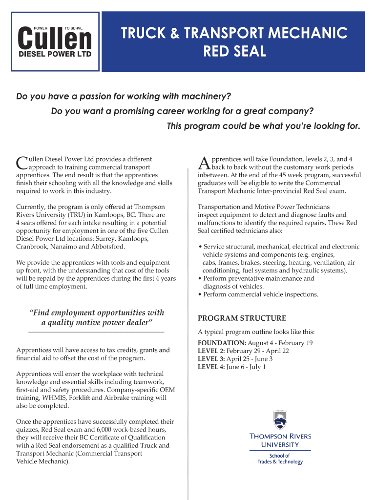 Fillable Online tru Cullen POWER TO SERVE TRUCK & TRANSPORT MECHANIC ...