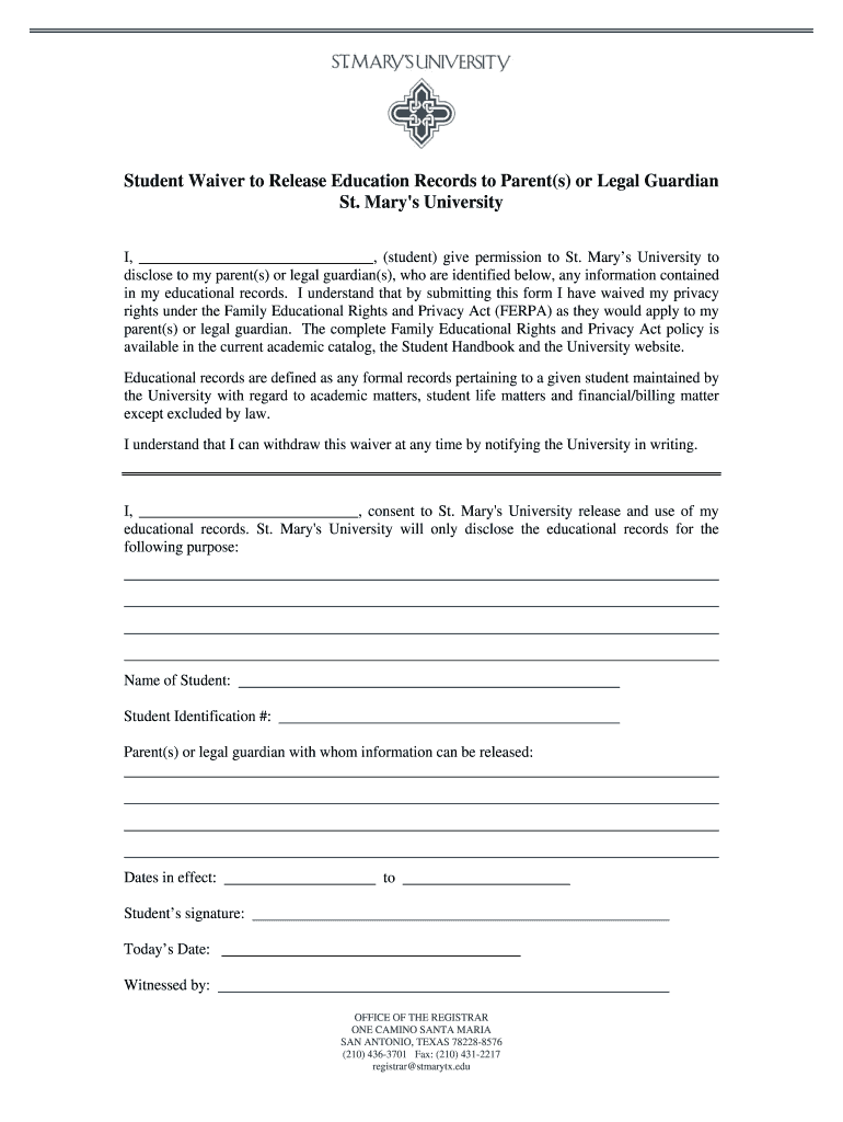 Fillable Online stmarytx Student Waiver to Release Education Records to ...