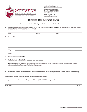 Fillable Online stevens Diploma Replacement Form - stevens.edu Fax Email Print - pdfFiller