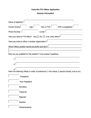 Fillable Online kellyvilleschools Kellyville FFA Officer Application ...