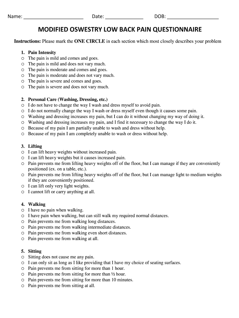 Fillable Online MODIFIED OSWESTRY LOW BACK PAIN QUESTIONNAIRE Fax Email ... Fillable Online MODIFIED OSWESTRY LOW BACK PAIN QUESTIONNAIRE Fax Email ...