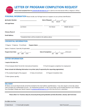 Fillable Online okanagan bc LETTER OF PROGRAM COMPLETION REQUEST Fax ...