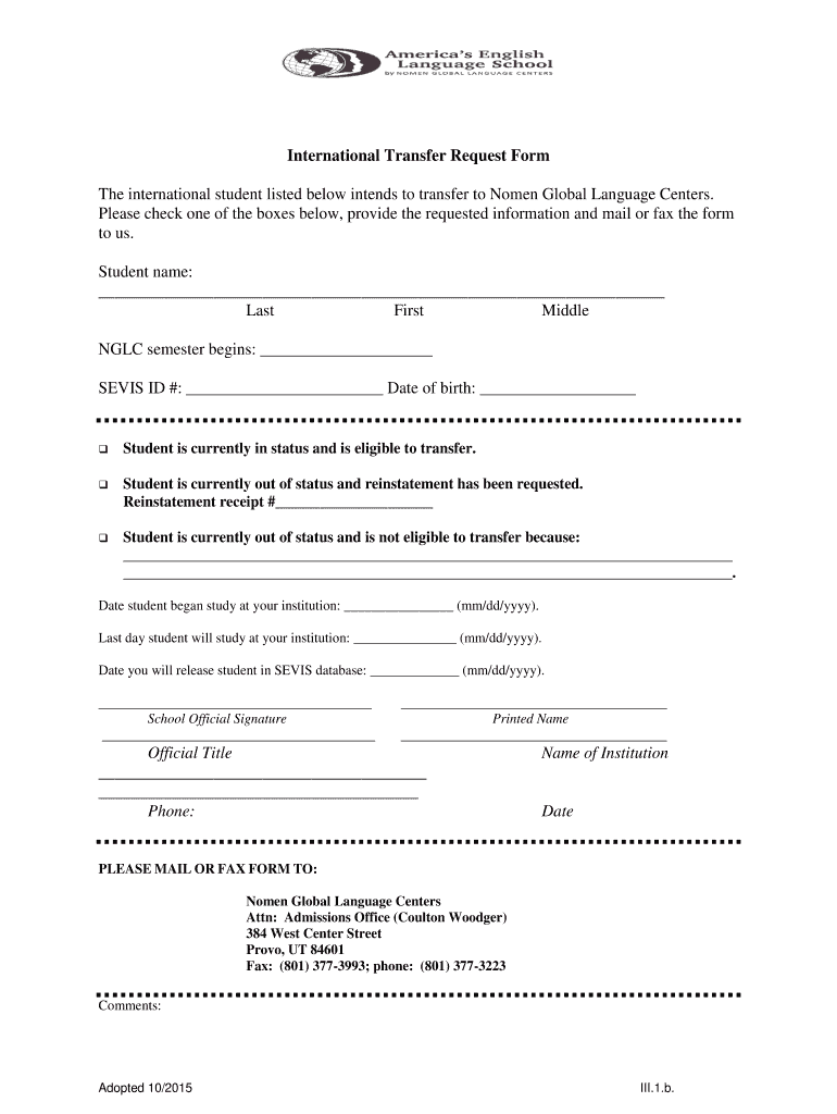 Fillable Online International Transfer Request Form Fax Email Print ...