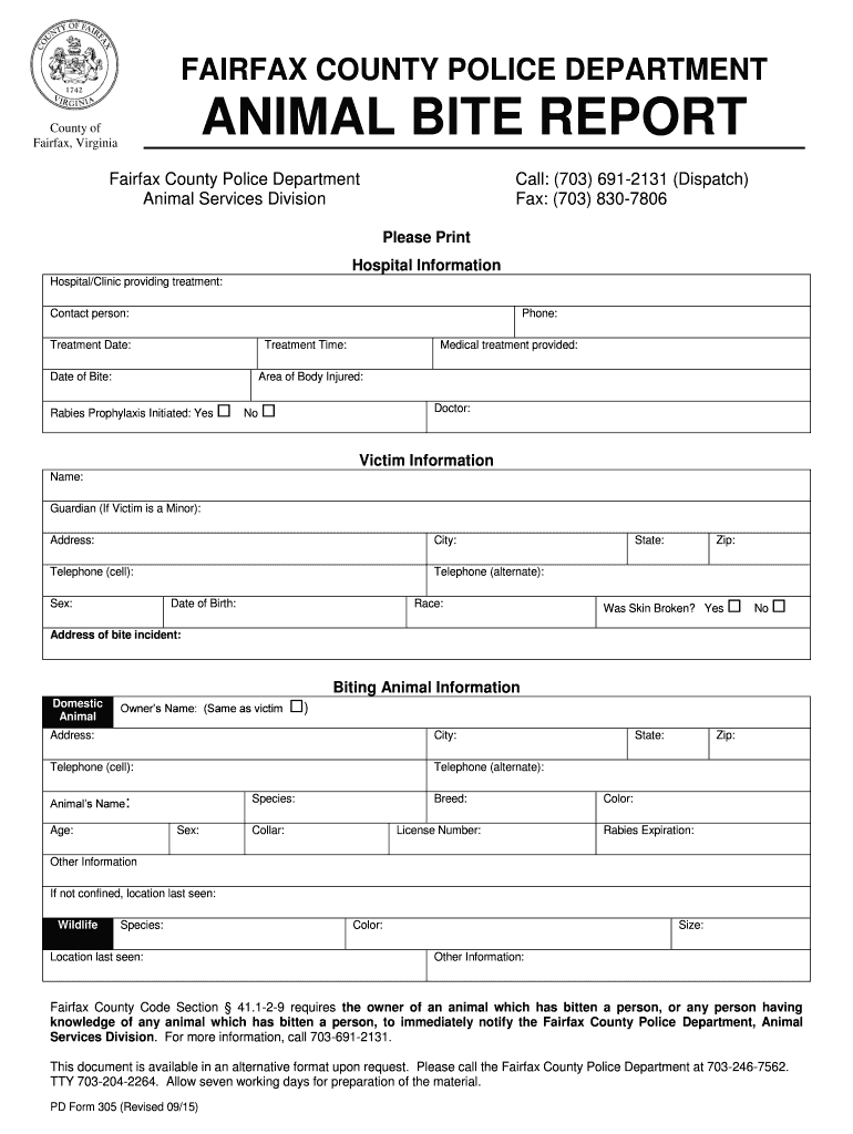 Fillable Online fairfaxcounty Animal Bite Report - Fairfax County ...
