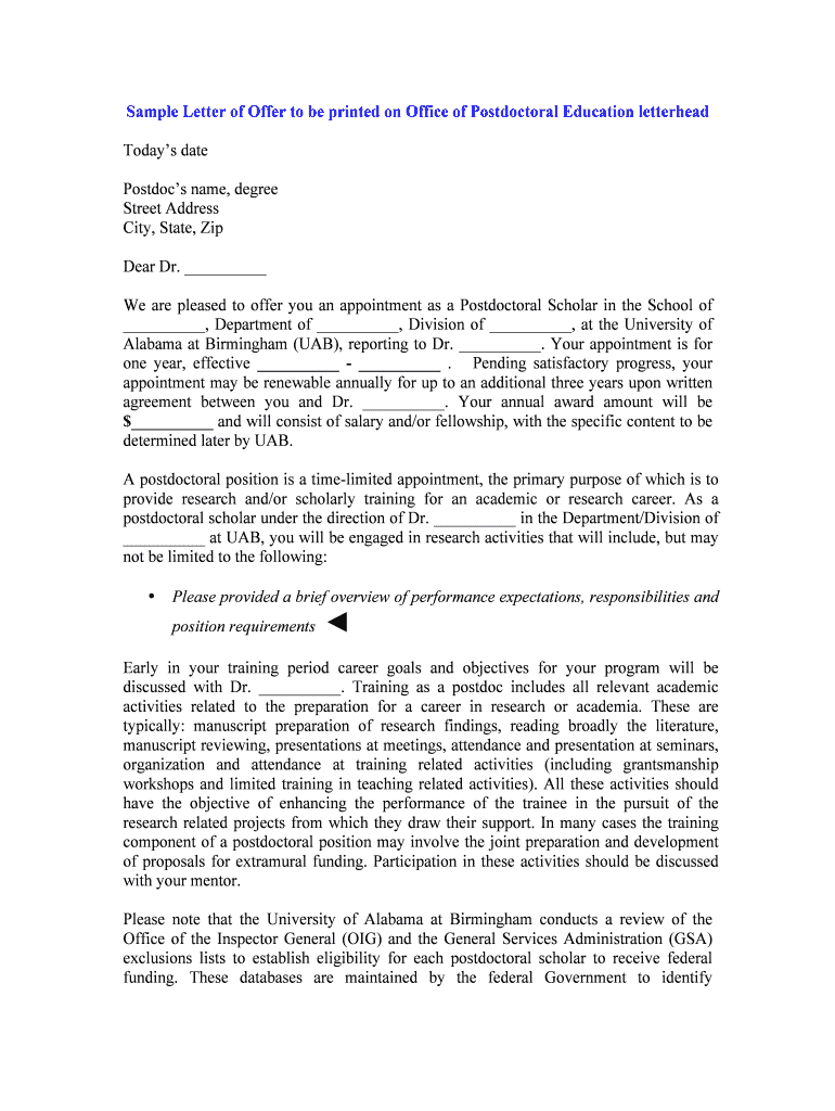 Fillable Online uab Sample Letter of Offer to be printed on Office of ...