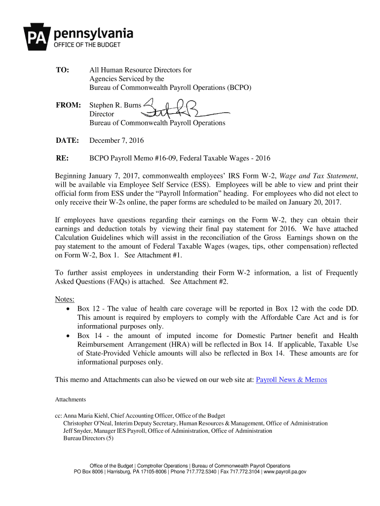 Fillable Online Payroll Memo 16-09, Federal Taxable Wages. This ...