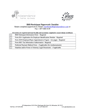 Fillable Online IRIS Participant Paperwork Checklist Return completed ...