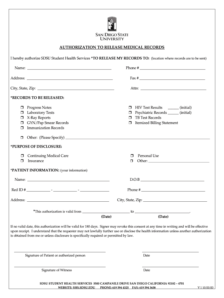 Fillable Online shs sdsu Medical Records Release - Student Health ...
