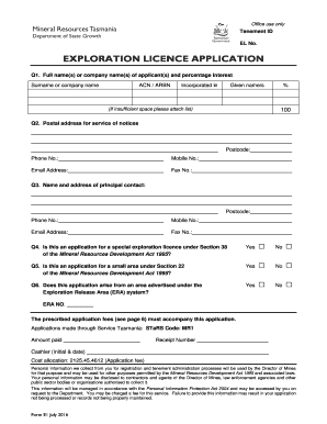 Fillable Online mrt tas gov EXPLORATION LICENCE APPLICATION - mrt.tas.gov.au - mrt tas gov Fax ...