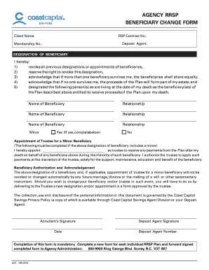 Fillable Online Agency RRSP Beneficiary Change Form-Mar 2016 Fax Email ...