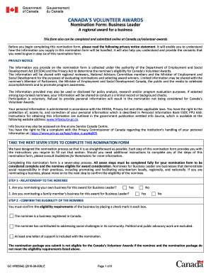 Fillable Online www28 rhdcc-hrsdc gc Prime Minister s Volunteer Awards Nomination Form ... Fax ...